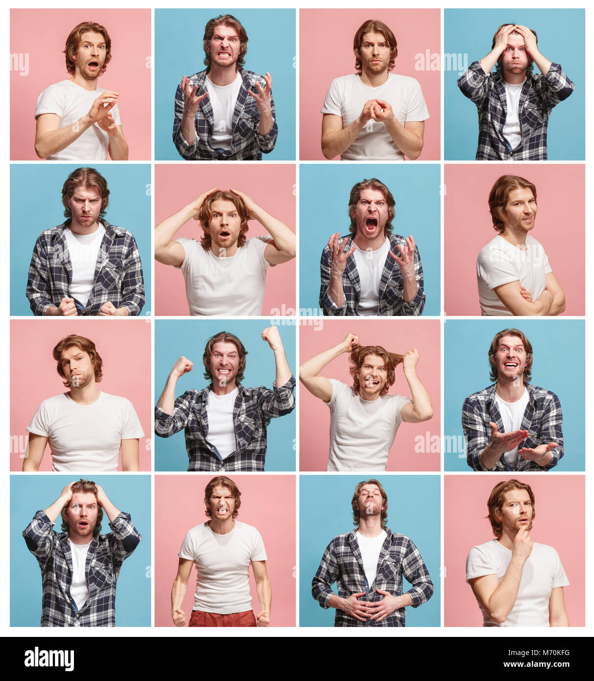 The collage of different human facial expressions, emotions and ...