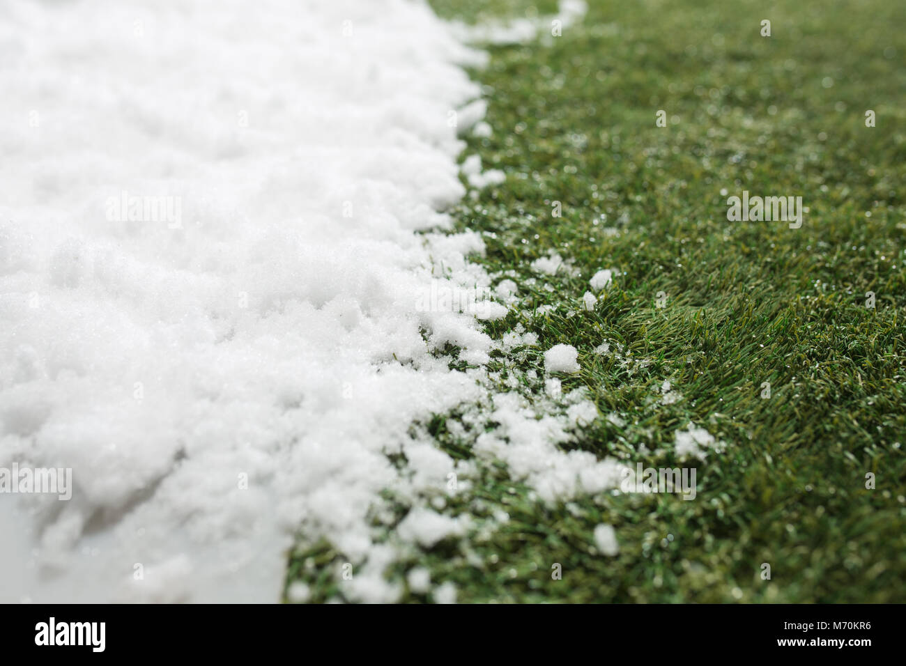 Meeting snow on green grass close up - between winter and spring ...