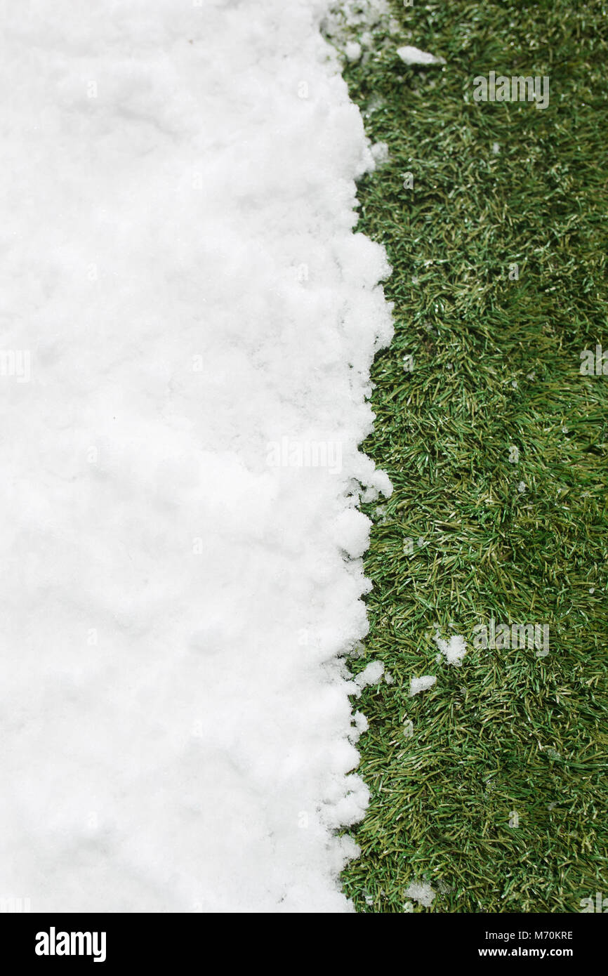 Meeting snow on green grass close up - between winter and spring ...