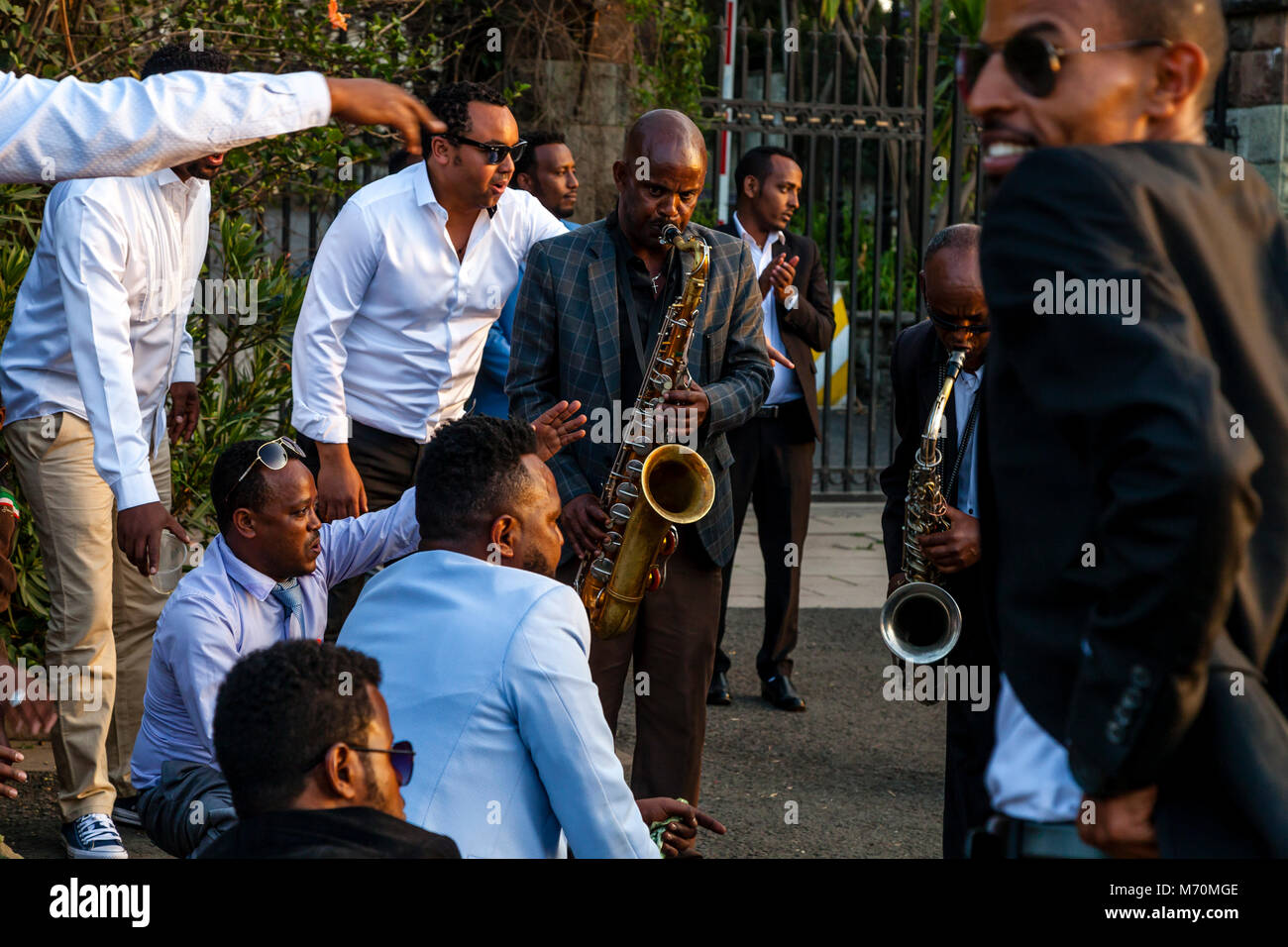 Male Members Of A Bridal Party Dancing In The Street, Addis Ababa ...