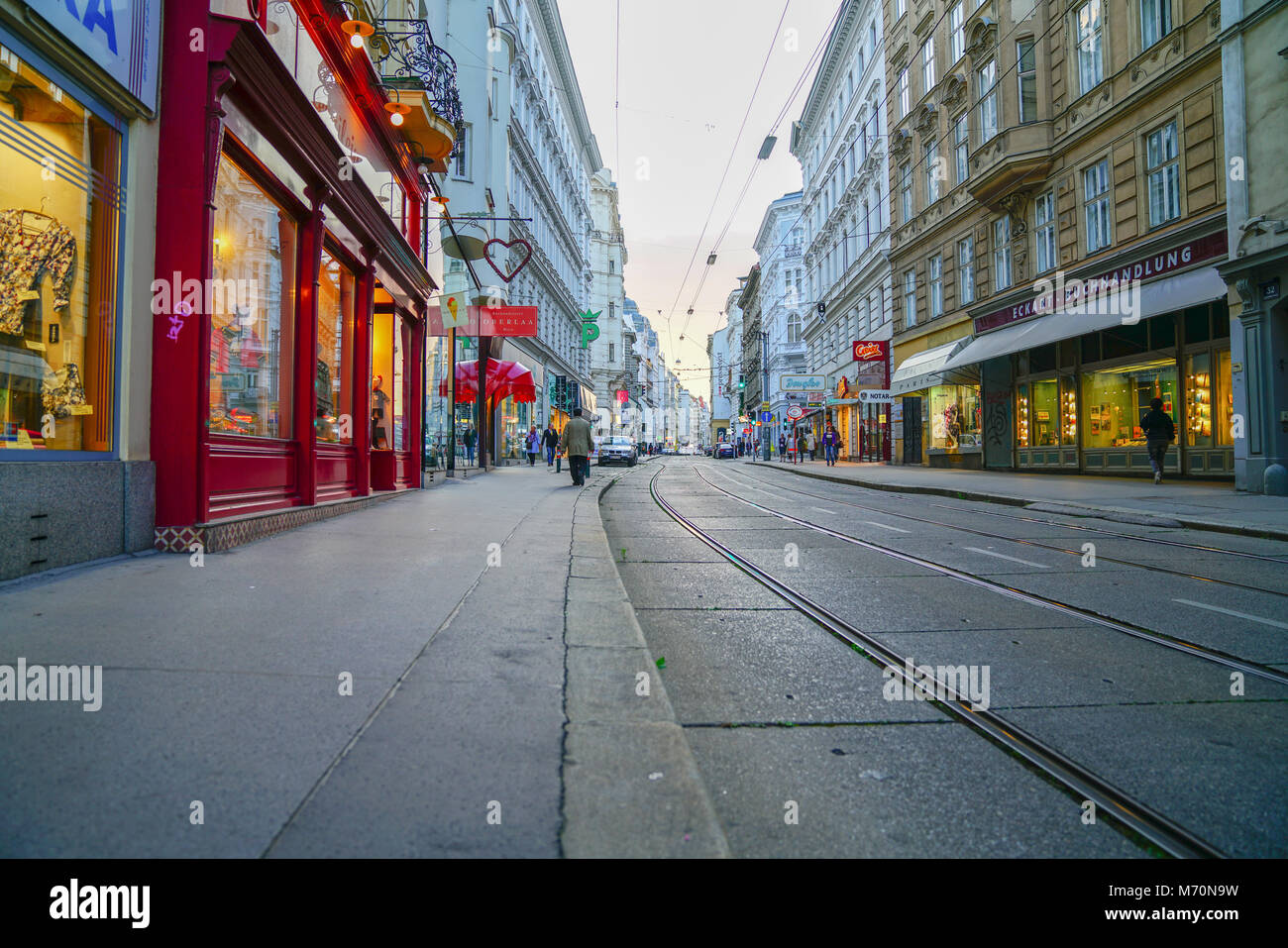 VIENNA,AUSTRIA - SEPTEMBER 5 2017; Lights, buildings and tram tracks ...