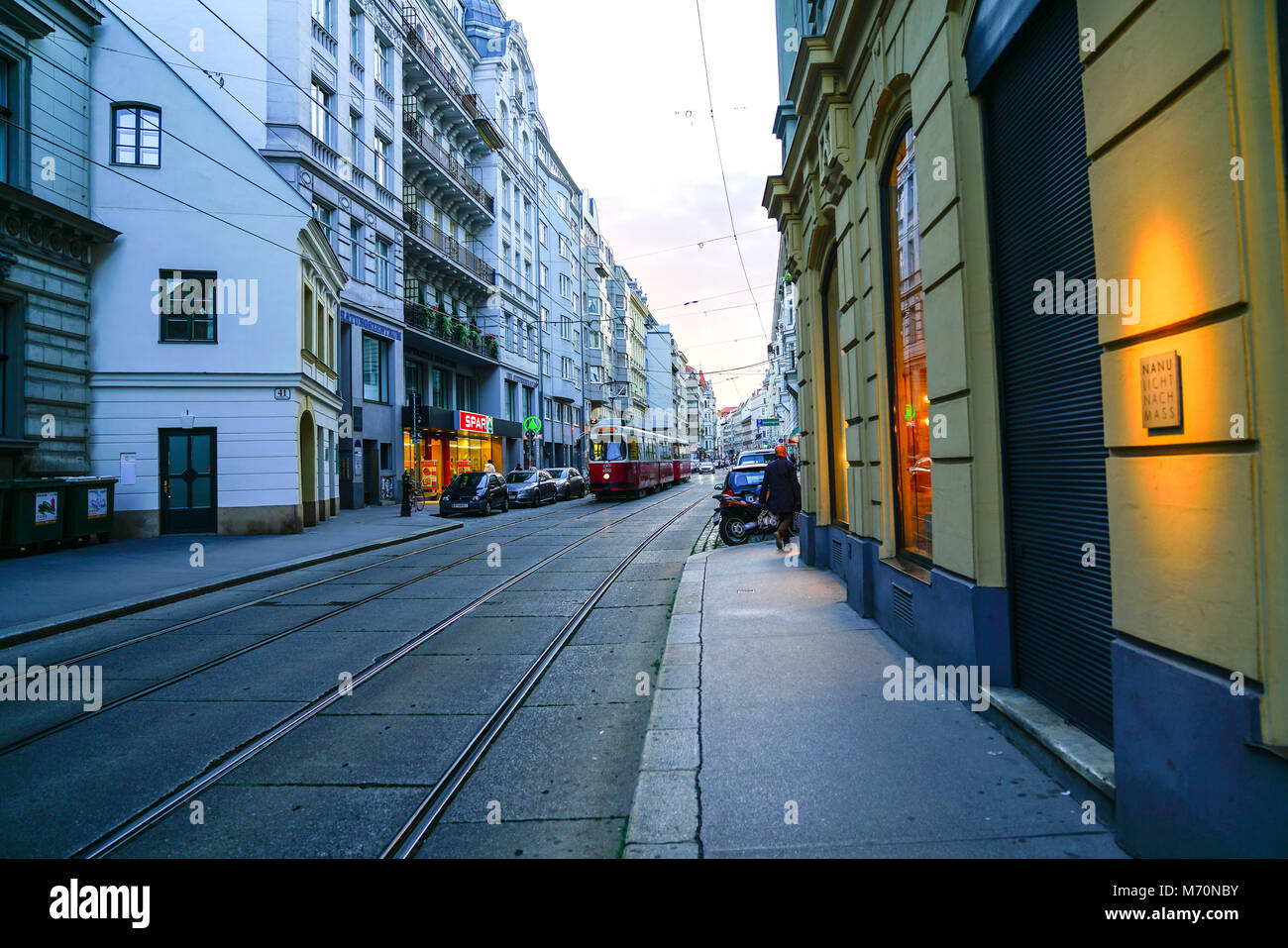 VIENNA,AUSTRIA - SEPTEMBER 5 2017; Lights, buildings and tram tracks ...