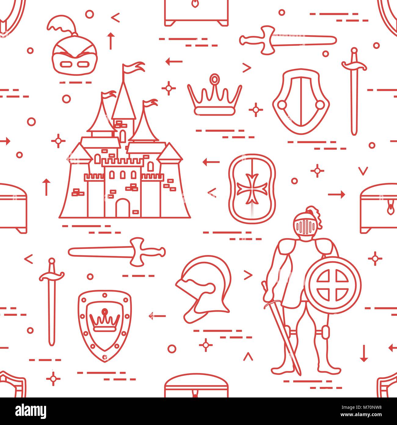 Seamless pattern with knight, castle, shields, swords, cuirass, helmet ...