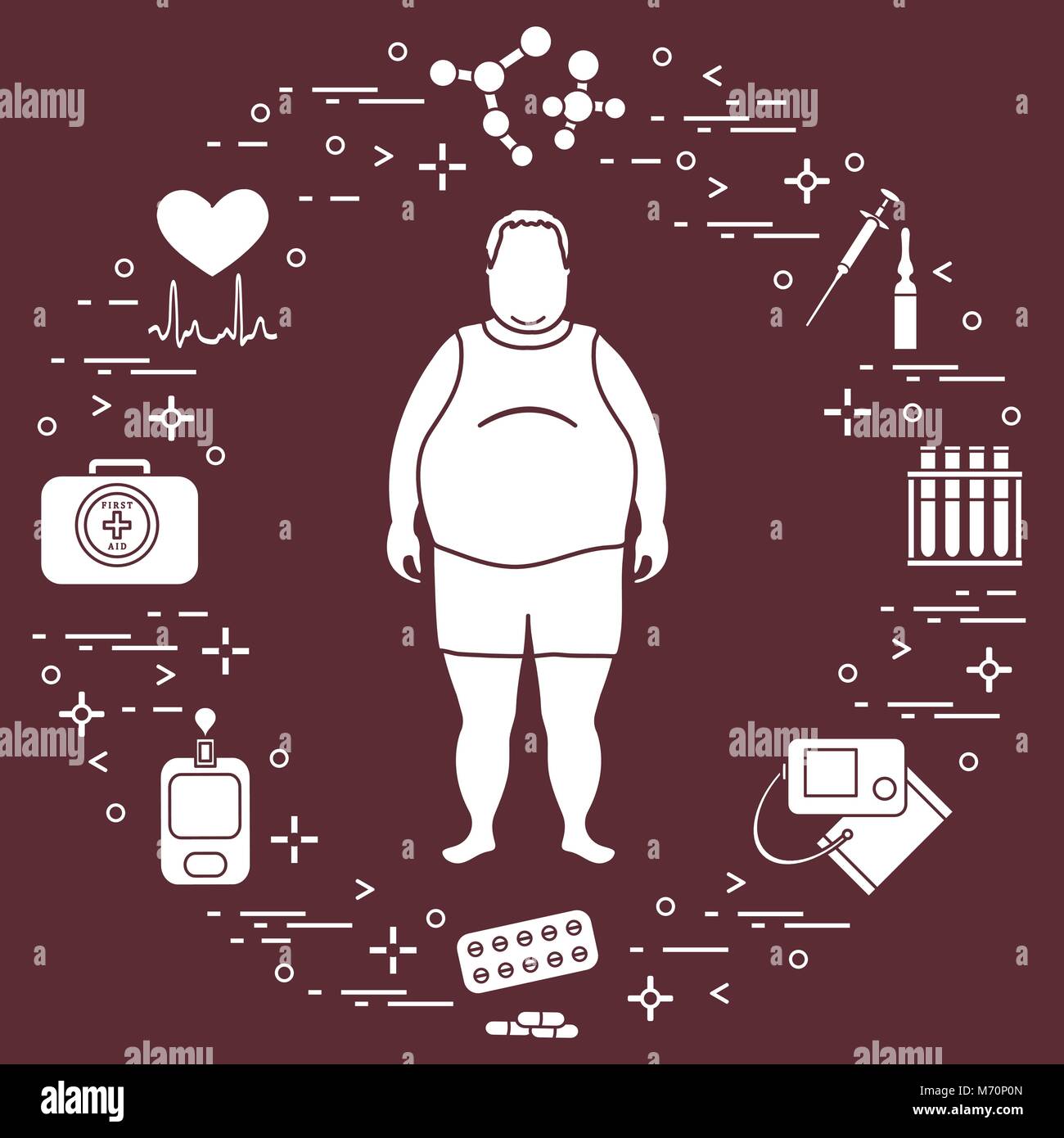 Fat man with medical devices, tools and drugs around him. Health and ...