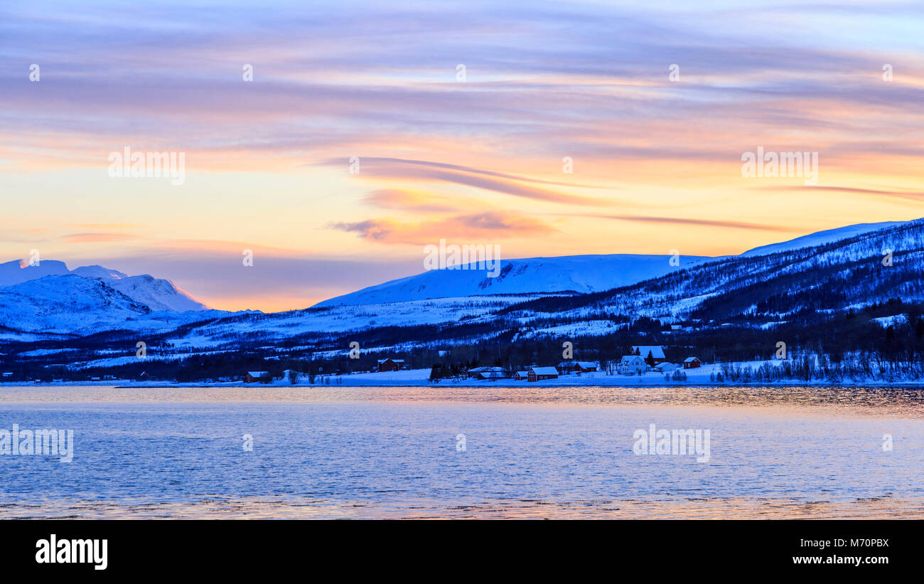 winter in the Arctic Circle on Kvaloya island kaldfjord Troms Tromso ...