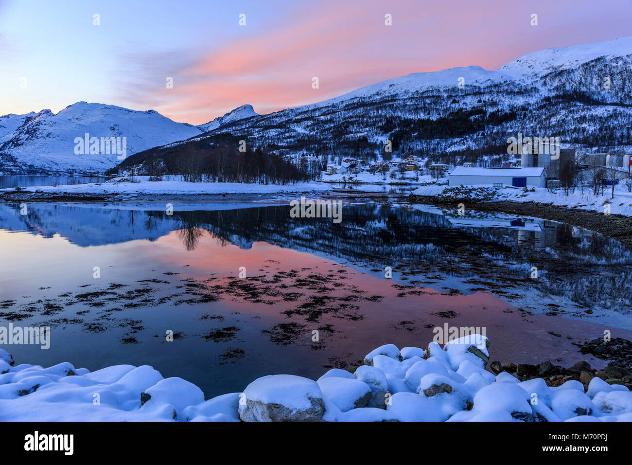 winter in the Arctic Circle on Kvaloya island kaldfjord Troms Tromso ...