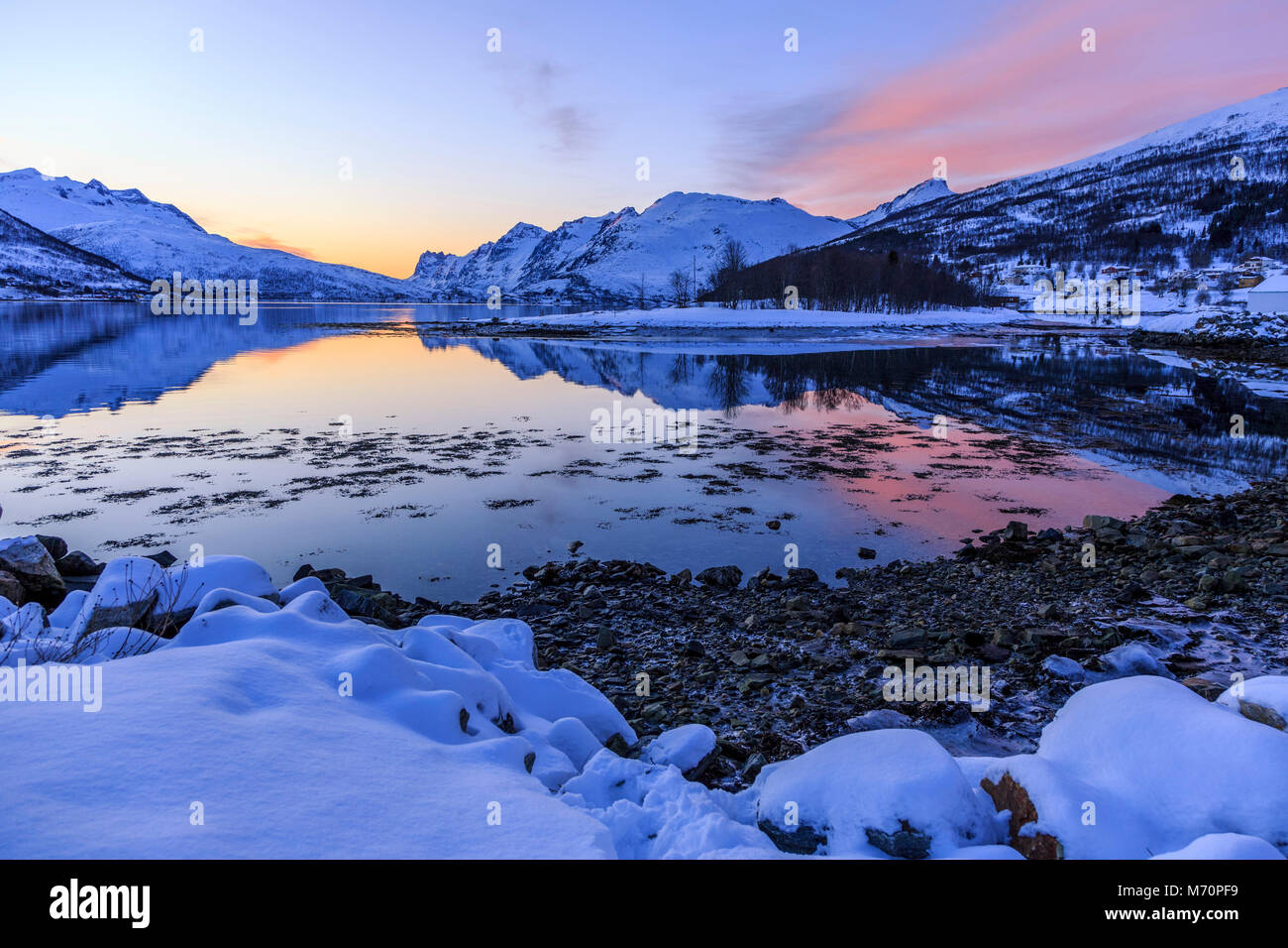 winter in the Arctic Circle on Kvaloya island kaldfjord Troms Tromso ...