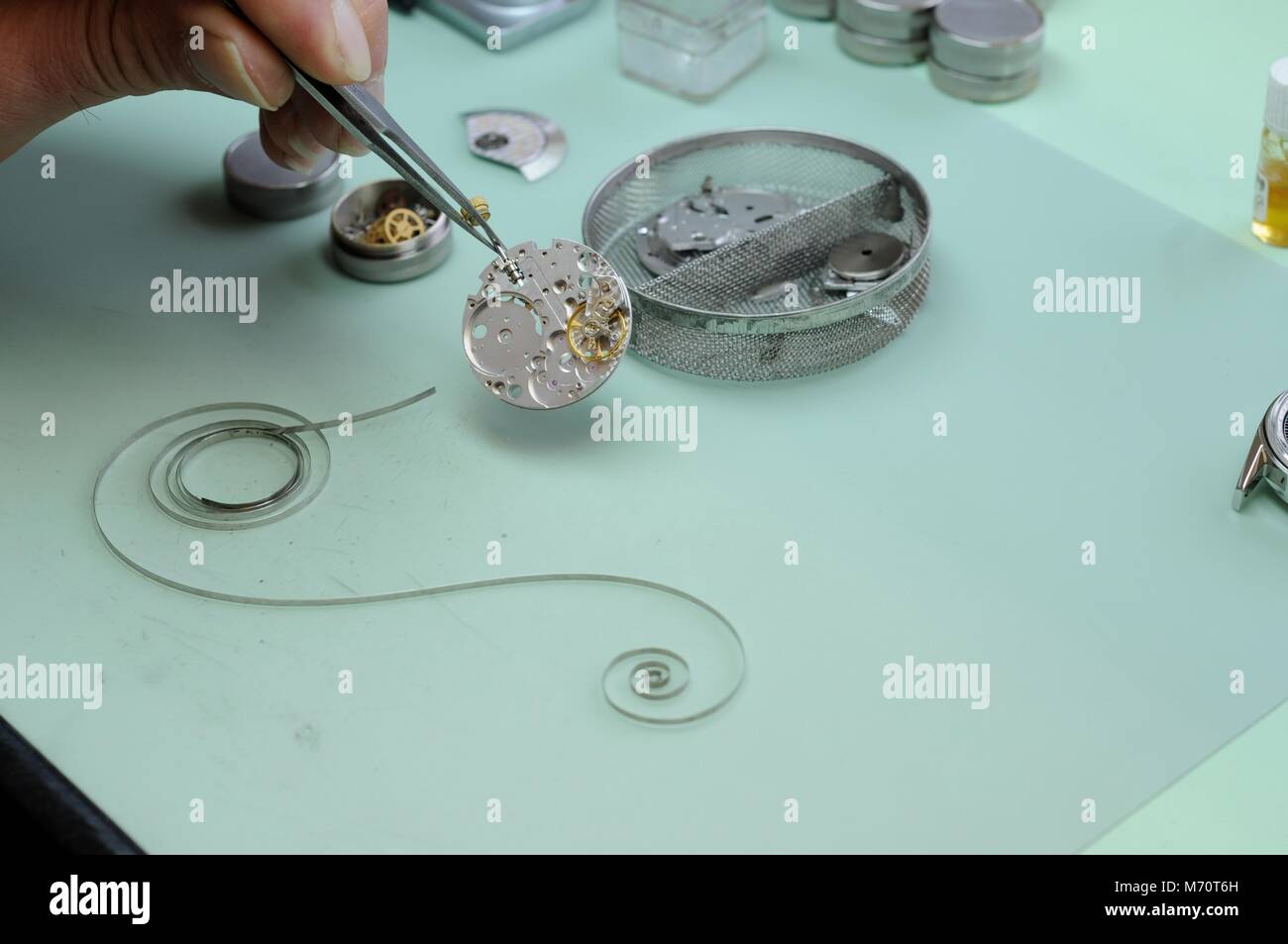 Watchmaker, repair specialist putting watch back together Stock Photo ...