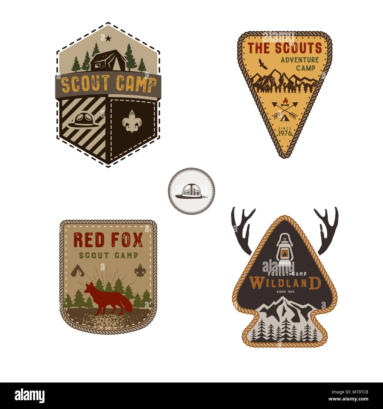 Travel badge, outdoor activity logo collection. Scout camp emblem set ...