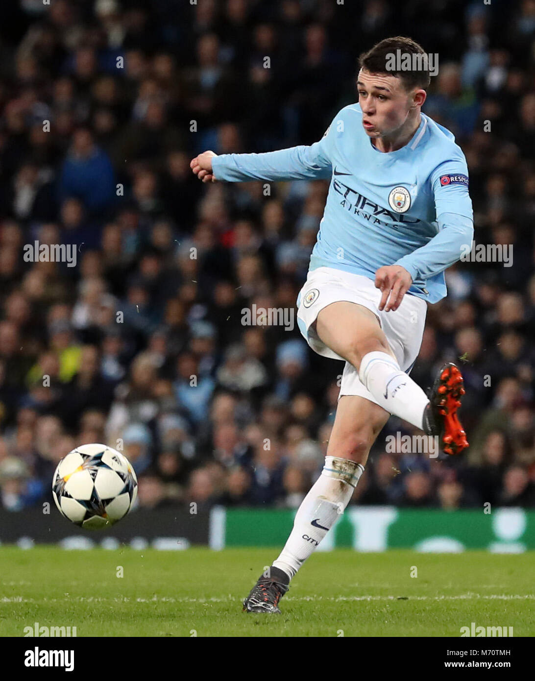 Manchester City's Phil Foden miscues a shot during the UEFA Champions ...