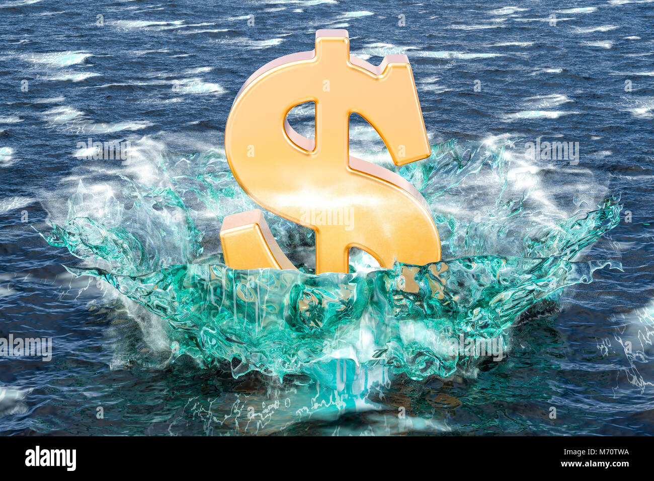 Golden dollar symbol on the water with splashing, 3D rendering Stock ...