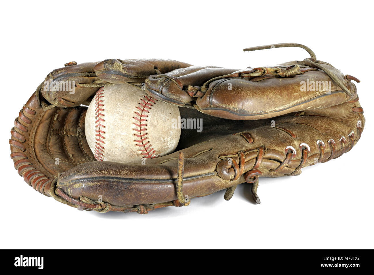 worn baseball and glove isolated on white background Stock Photo - Alamy