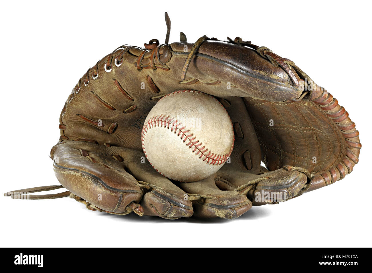 worn baseball and glove isolated on white background Stock Photo - Alamy