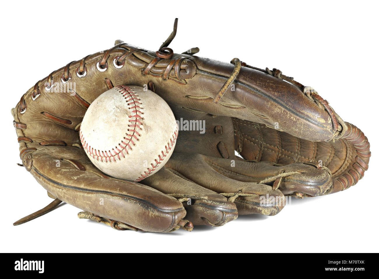 worn baseball and glove isolated on white background Stock Photo - Alamy