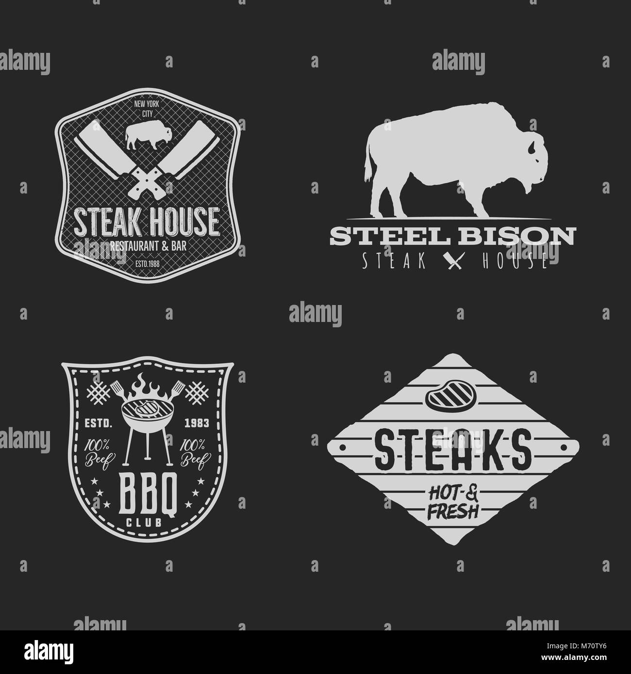 Vintage hand drawn steak house logo set, bbq party, barbecue grill ...