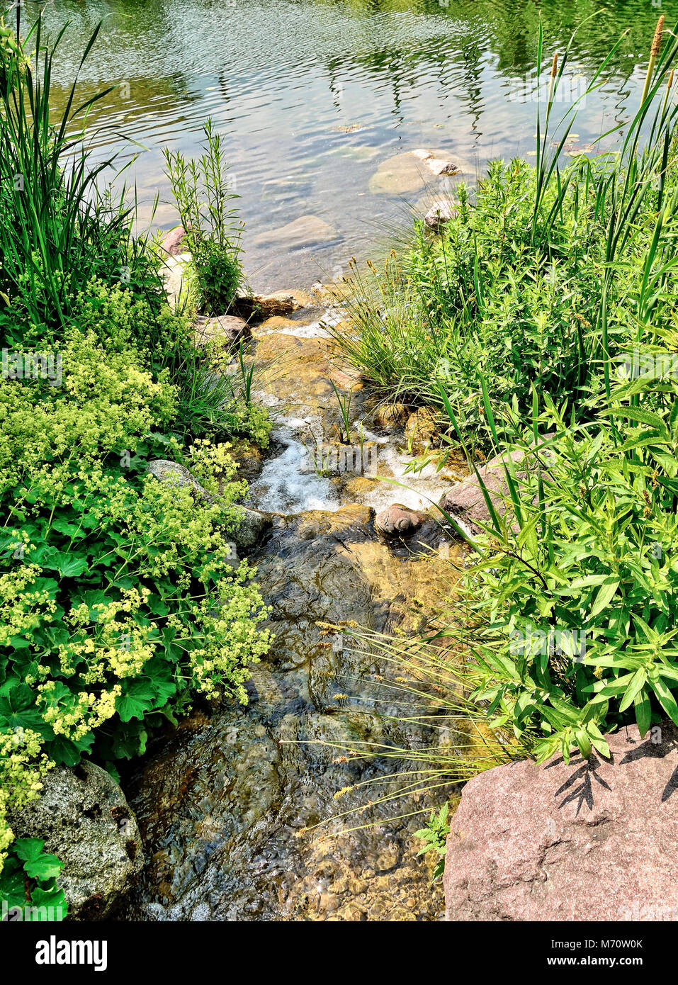 A stream running into a lake at the Gardens of Trauttmansdorff Castle ...