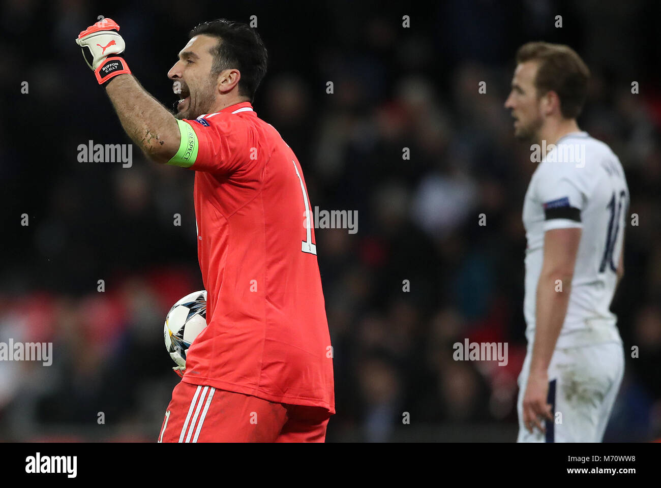Juventus goalkeeper Gianluigi Buffon celebrates after making a save ...