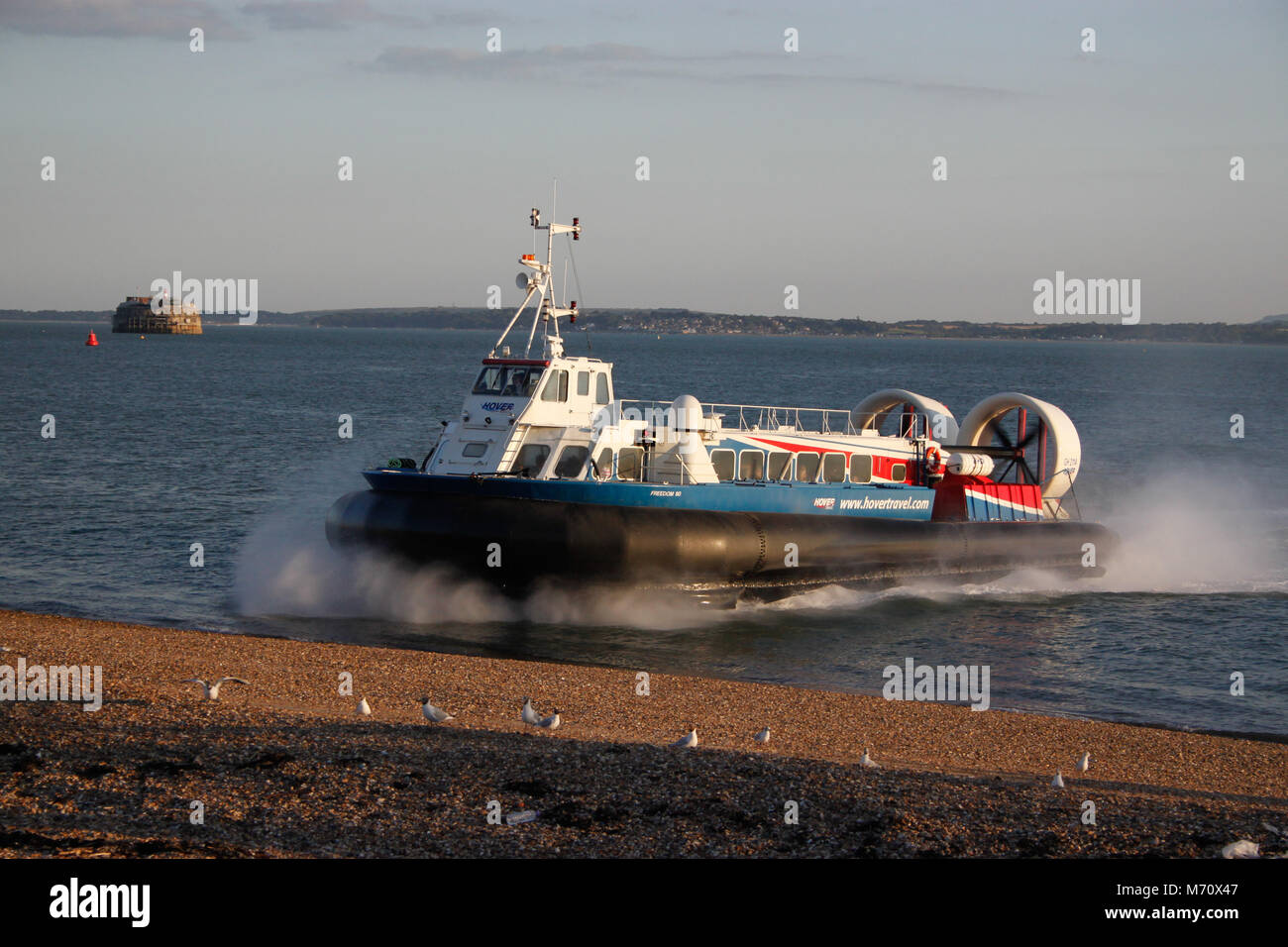 Wightlink Isle of Wight hovercraft beaching on shingle beach at at ...