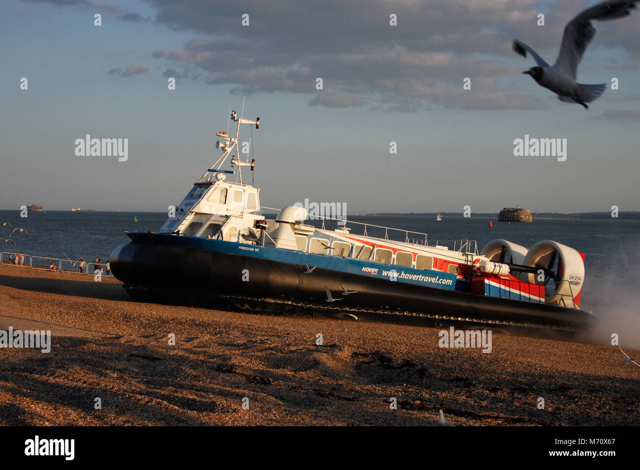 Wightlink Isle of Wight hovercraft beaching on shingle beach at at ...