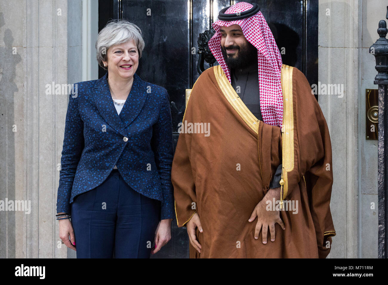 London, UK. 7th March, 2018. Prime Minister Theresa May welcomes Saudi ...