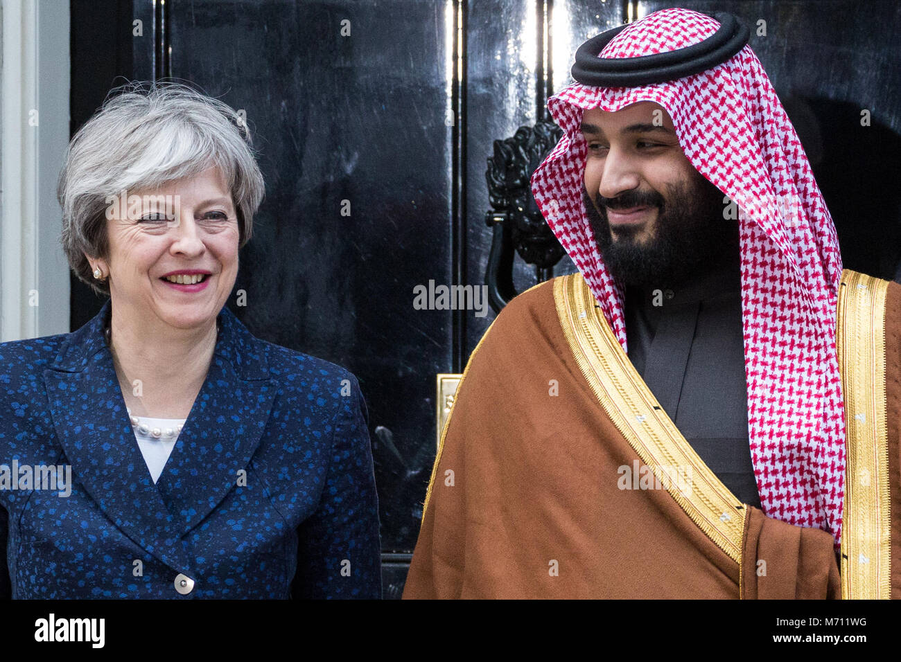 London, UK. 7th March, 2018. Prime Minister Theresa May welcomes Saudi ...