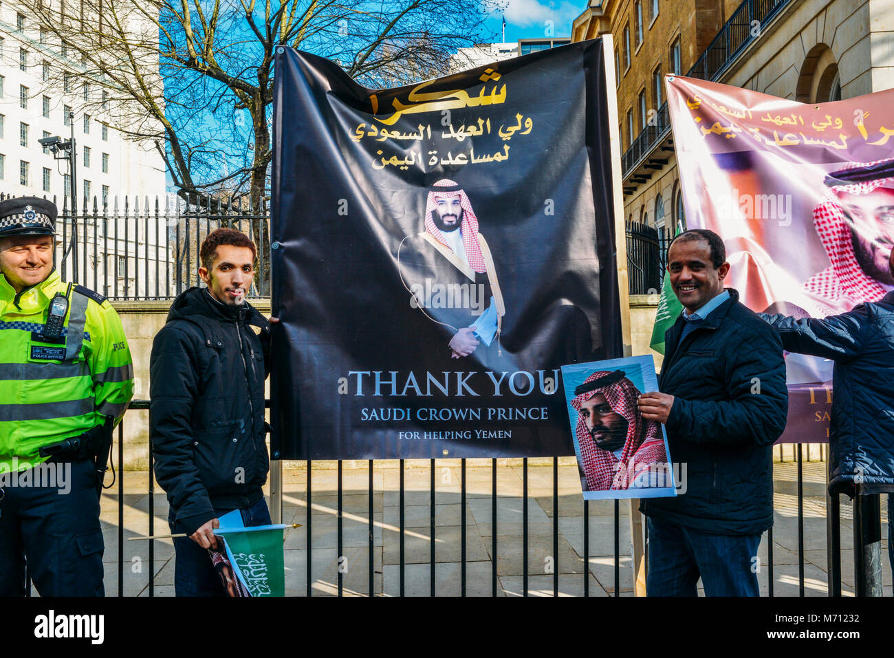 London, UK - March 7th, 2018: Pro-Saudi nationals outside Downing ...