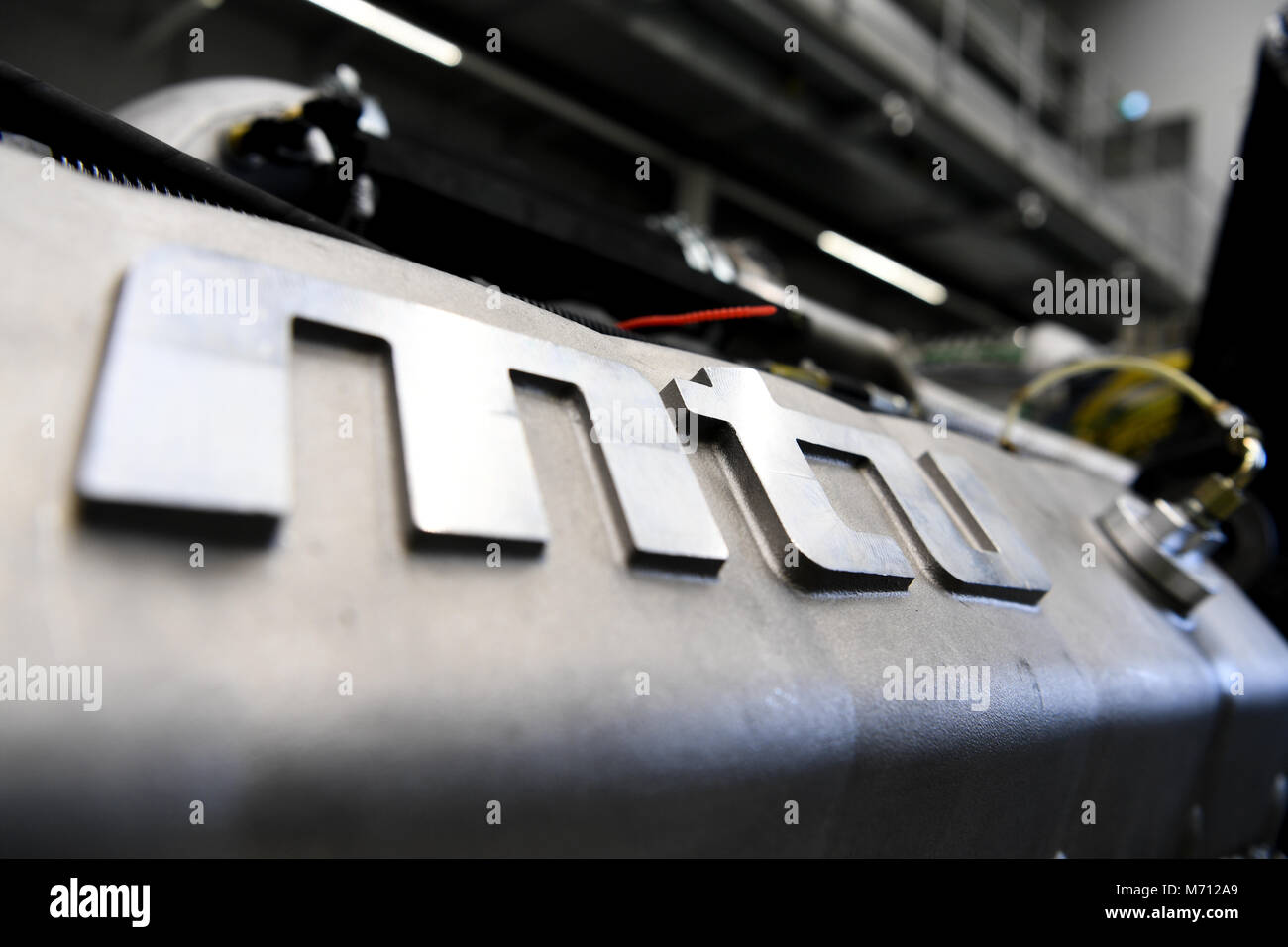 07 March 2018, Germany, Friedrichshafen: The MTU's logo seen on a ...