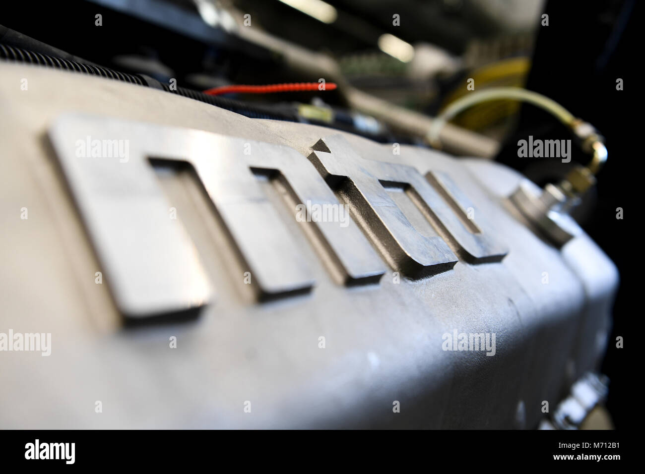 07 March 2018, Germany, Friedrichshafen: The MTU's logo seen on a ...