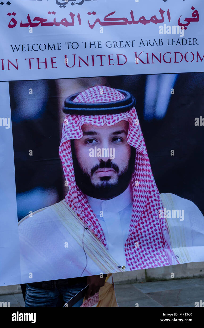 London 7th March 2018 A banner supporitng the vist of Saudi Crown ...