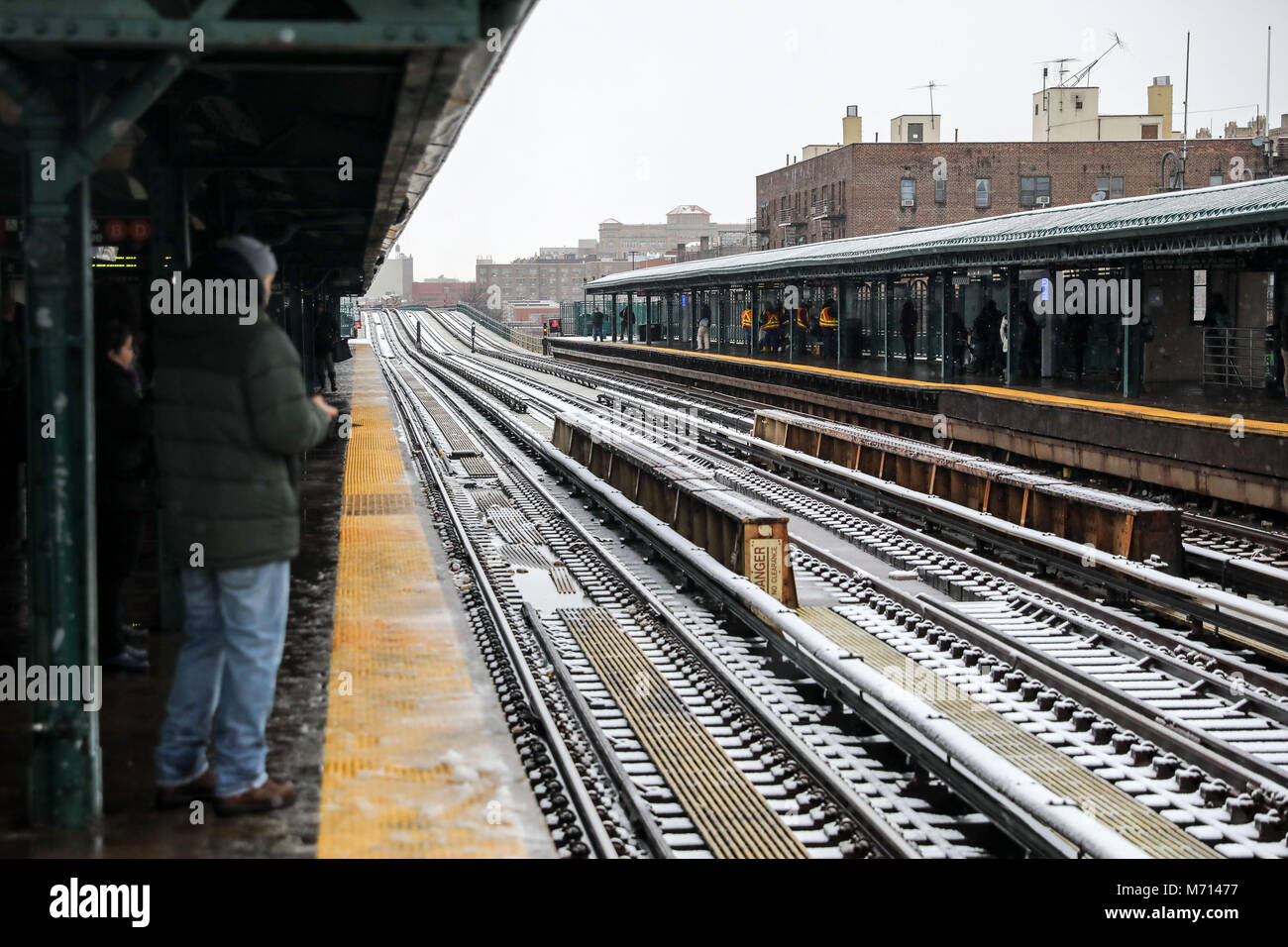 New York, New York, USA. 7th Mar, 2018. Snow fell at 161 Yankee Stadium ...