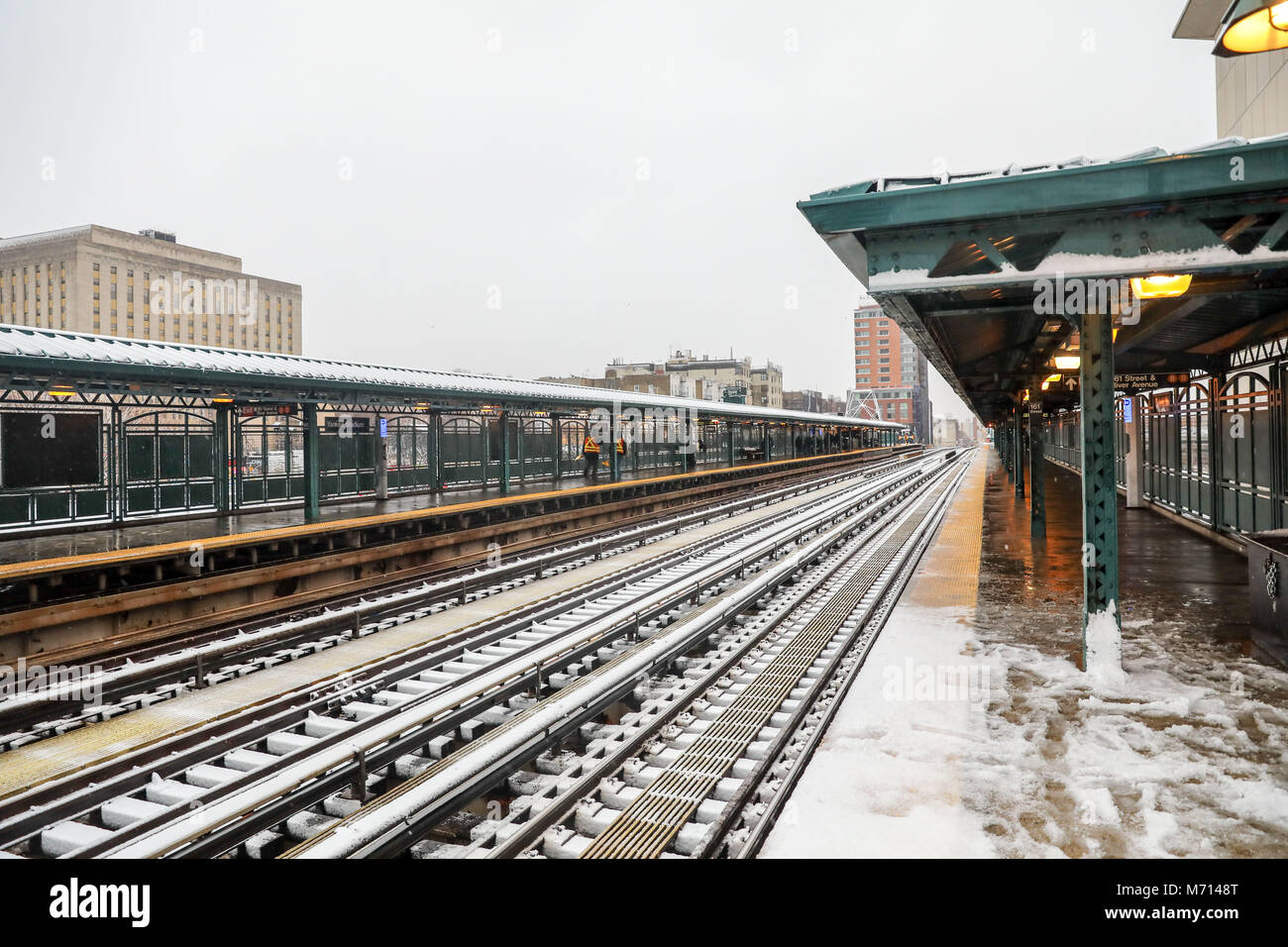 New York, New York, USA. 7th Mar, 2018. Snow fell at 161 Yankee Stadium ...