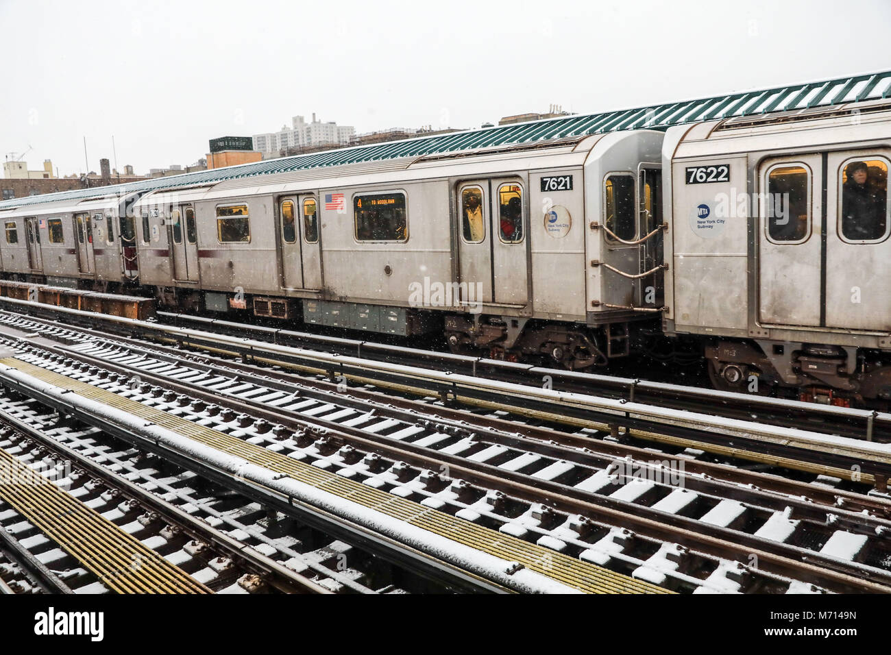 New York, New York, USA. 7th Mar, 2018. Snow fell at 161 Yankee Stadium ...