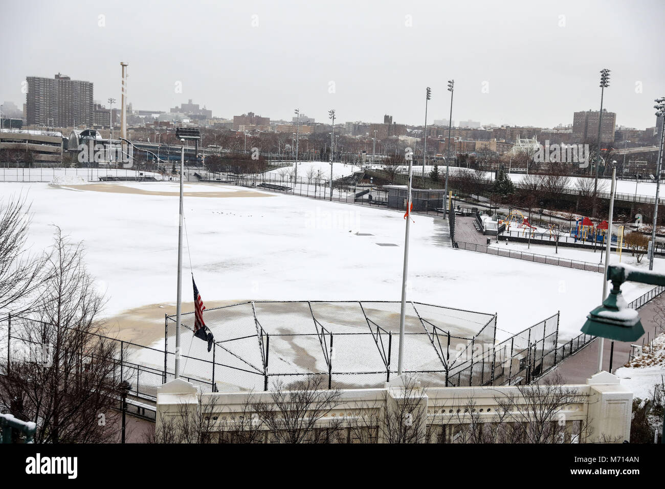 New York, New York, USA. 7th Mar, 2018. Snow is seen on a baseball ...