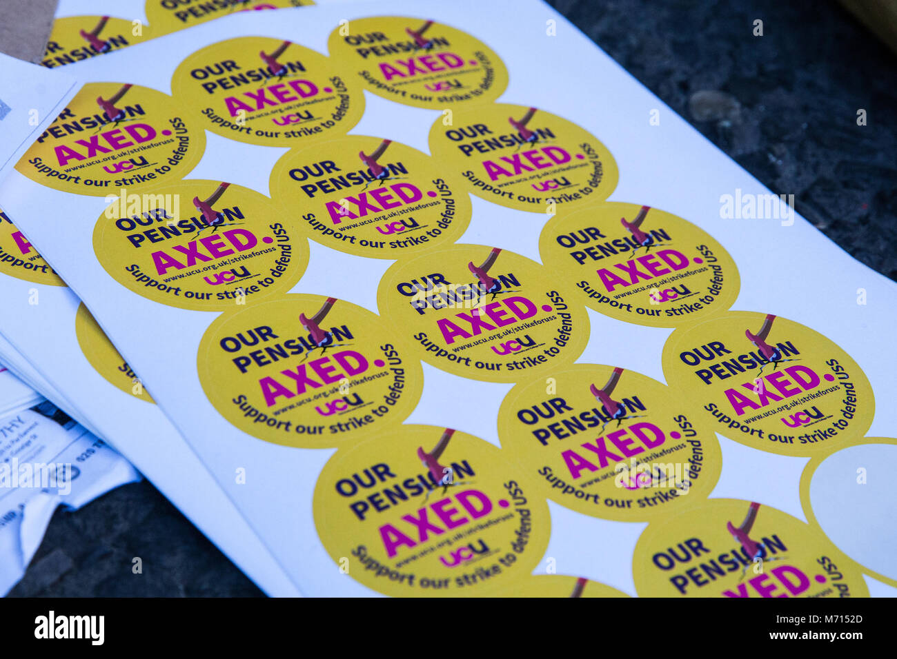 London, UK. 7th March, 2018. Stickers on the UCU picket line at Kings ...