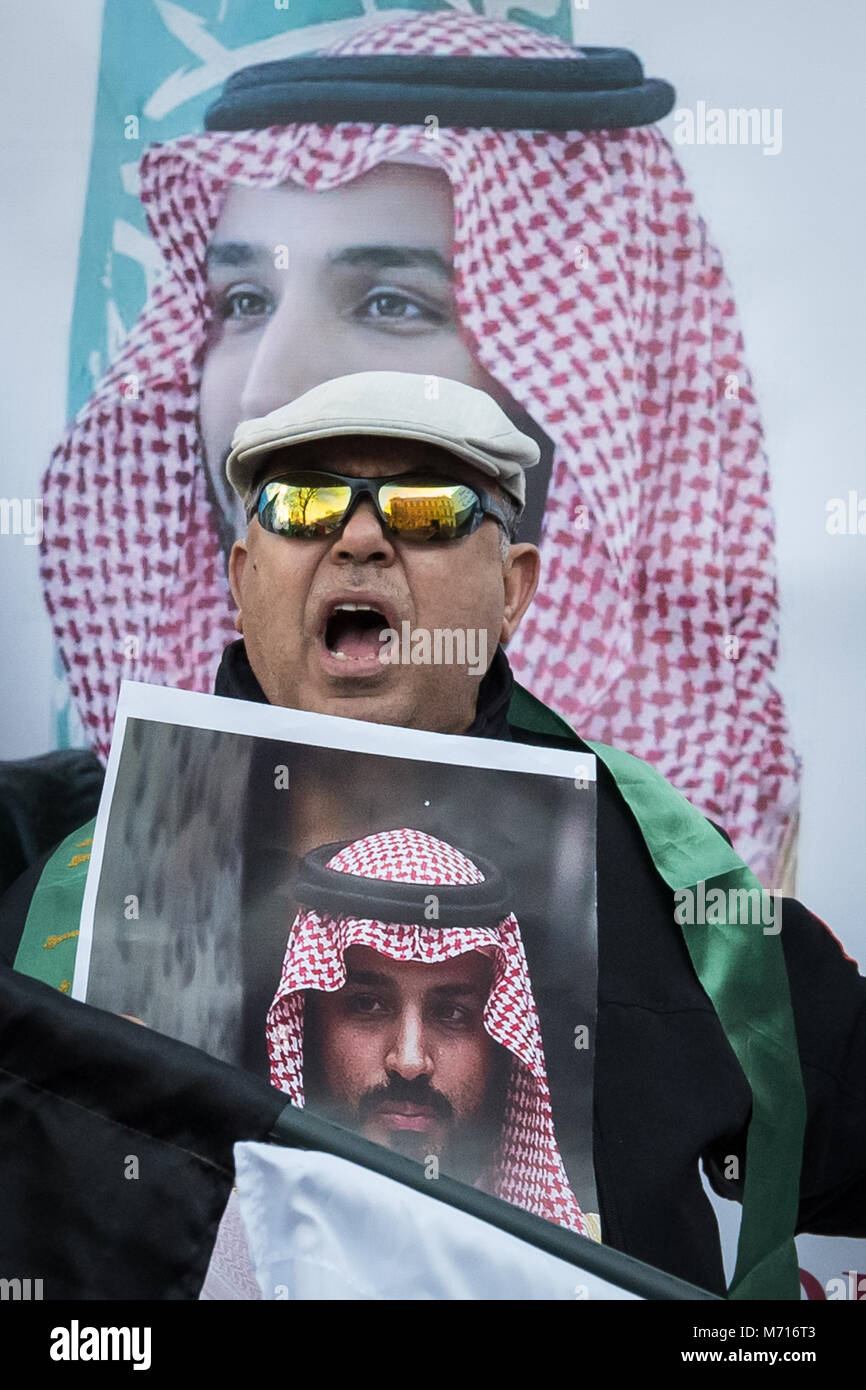 London, UK. 7th March, 2018. British Saudis celebrate the arrival of ...