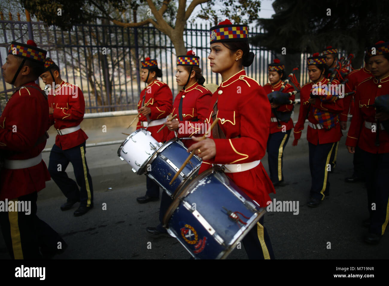 Kathmandu, Nepal. 8th Mar, 2018. Nepalese Army band play instruments ...