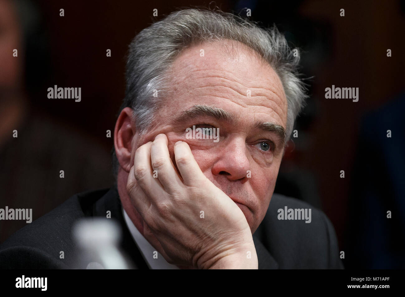 United States Senator Tim Kaine, Democrat of Virginia, listens to ...