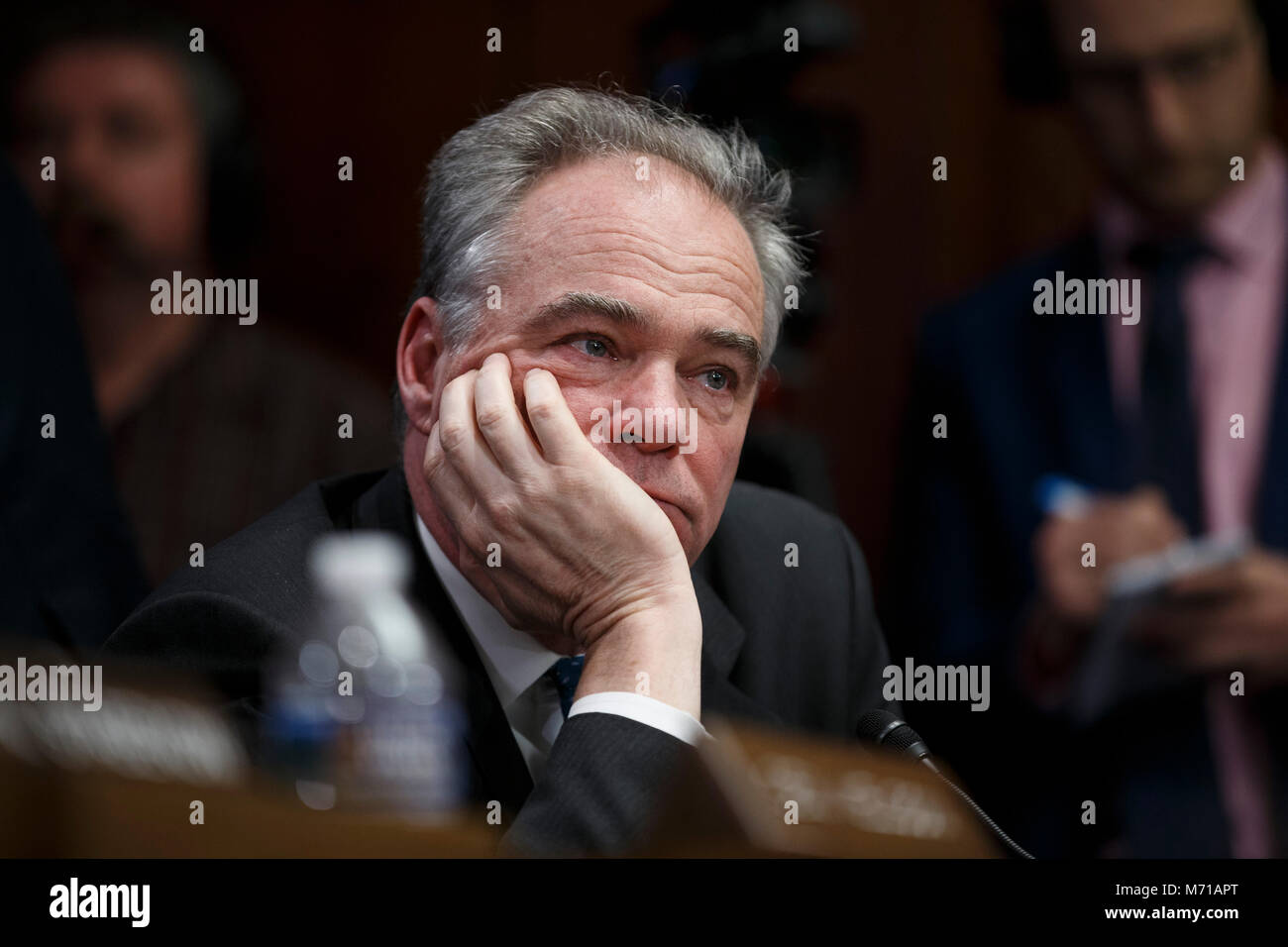 United States Senator Tim Kaine, Democrat of Virginia, listens to ...