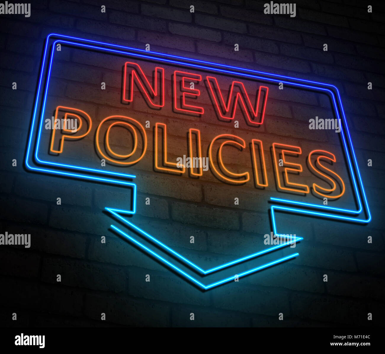 3d Illustration depicting an illuminated neon sign with a new policies ...