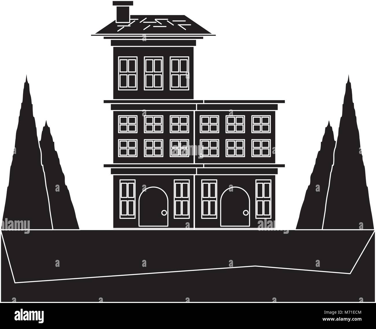 Residential houses surrounded by trees over white background, vector ...