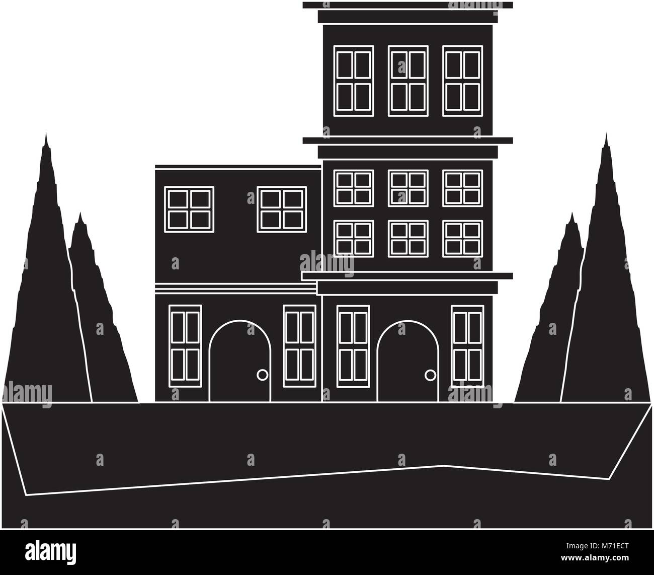 Residential houses surrounded by trees over white background, vector ...