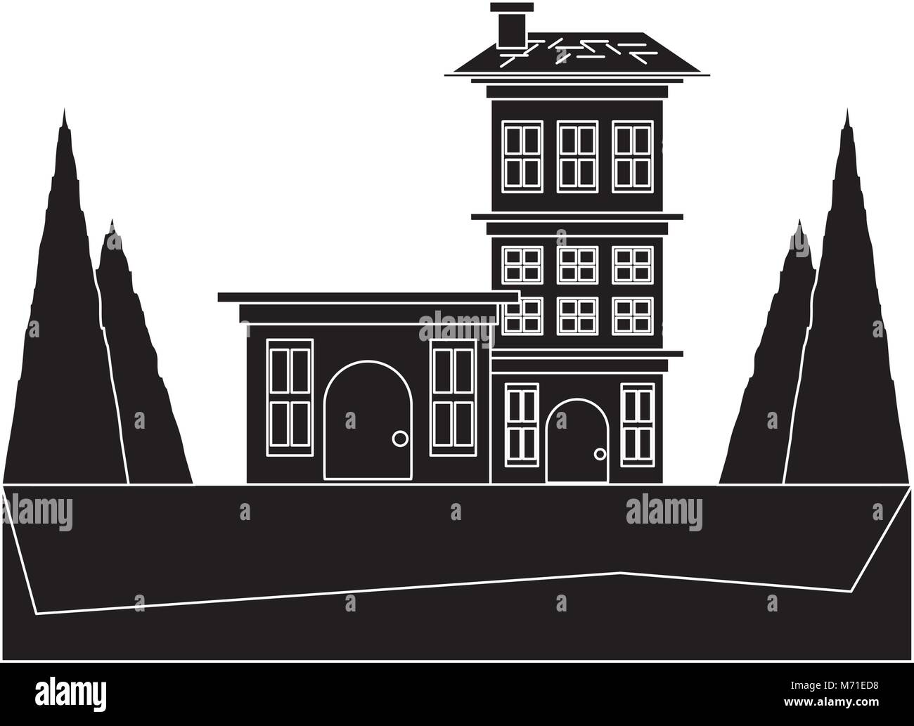 Residential houses surrounded by trees over white background, vector ...