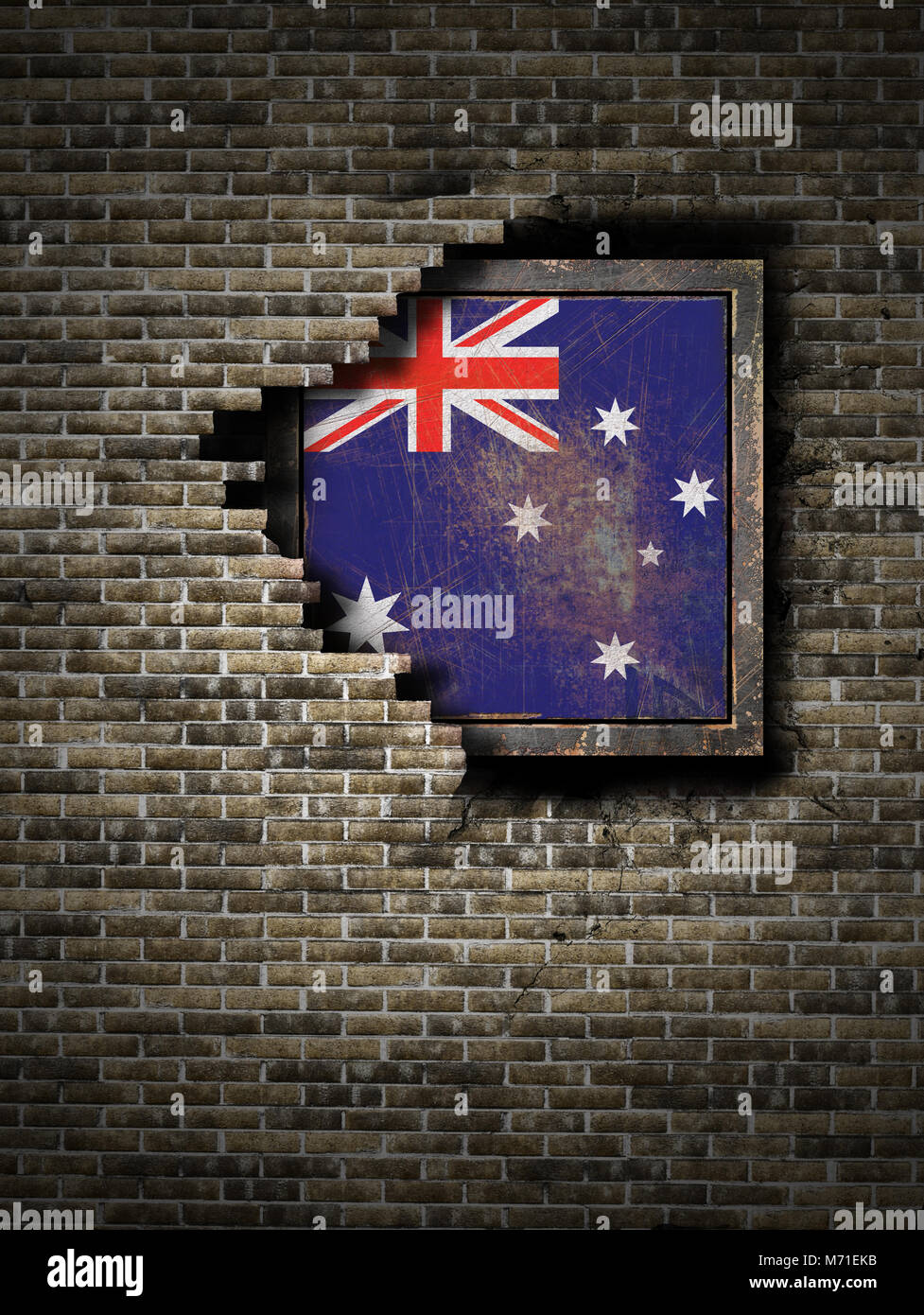 3d rendering of an Australia flag over a rusty metallic plate embedded ...