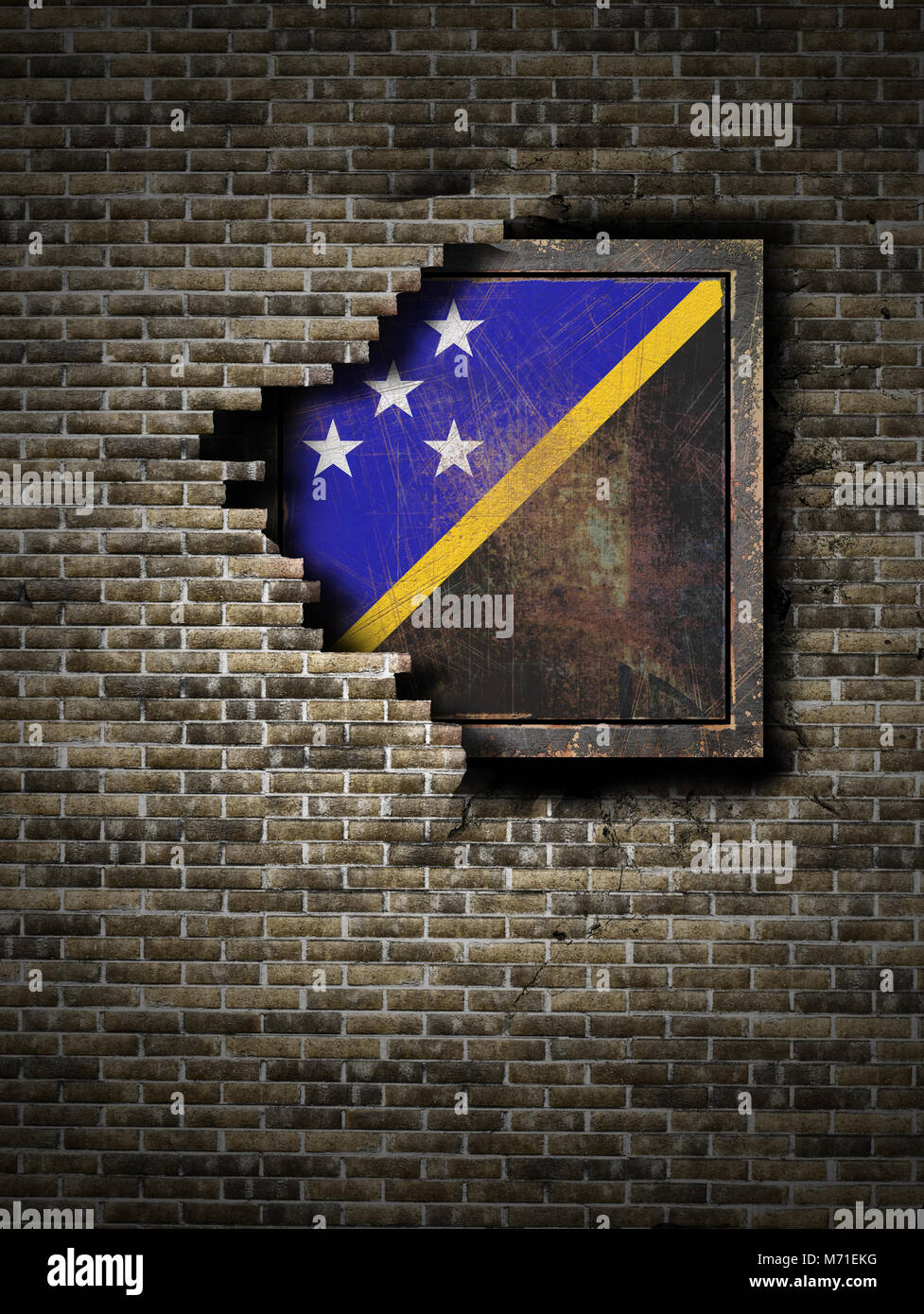 3d rendering of a Solomon Islands flag over a rusty metallic plate ...