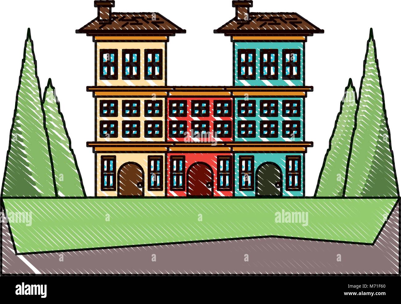 Residential houses surrounded by trees over white background, colorful ...