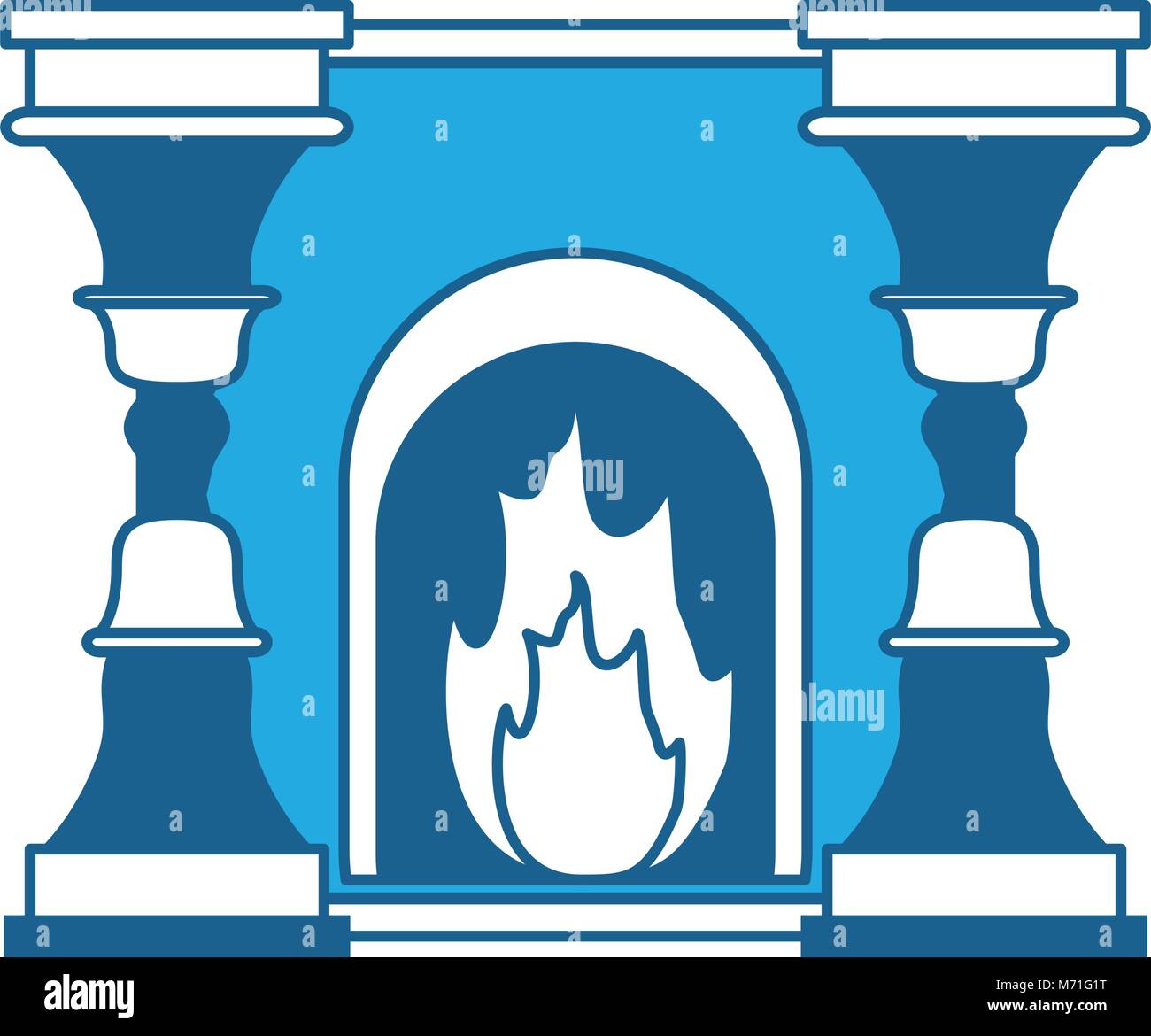 Home fireplace with fire over white background, blue shading design ...
