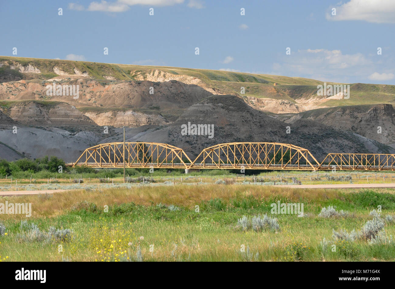 Steel rail bridge crosses the Red Deer River Valley near Drumheller ...