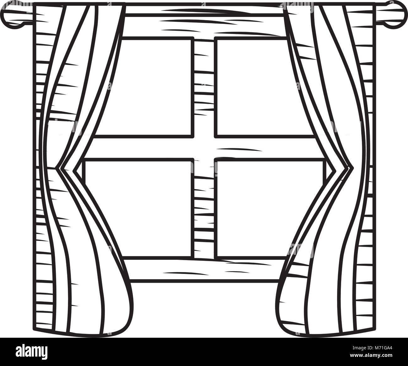 sketch of house window with curtains over white background vector ...