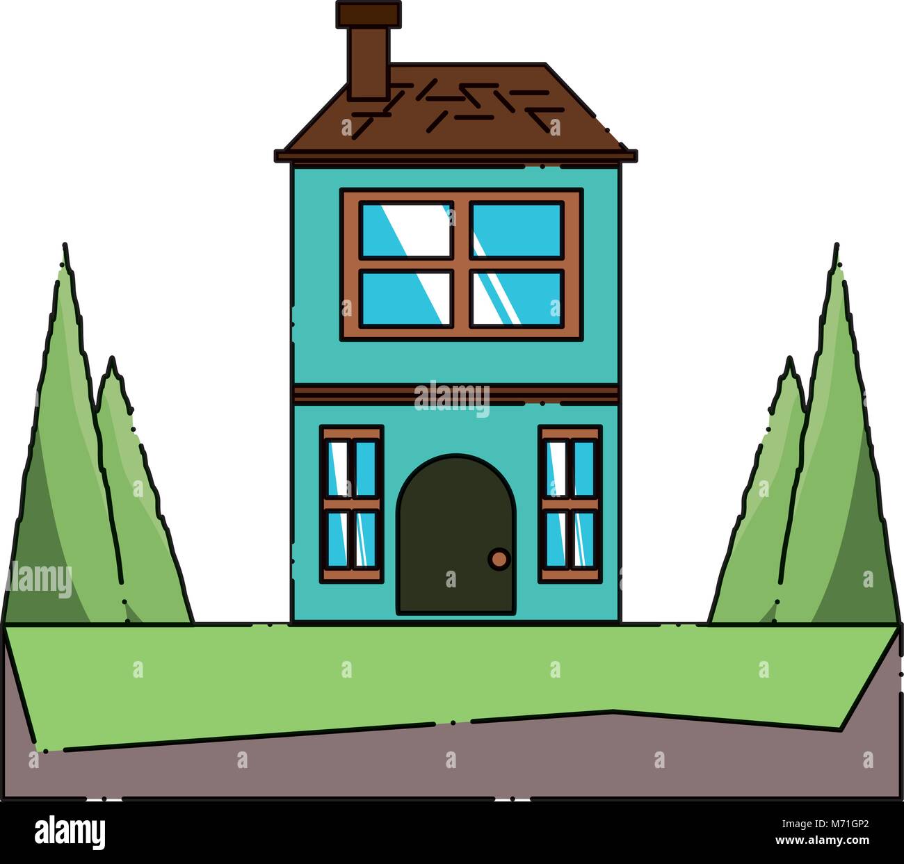 two floors house with trees around over white background, colorful ...