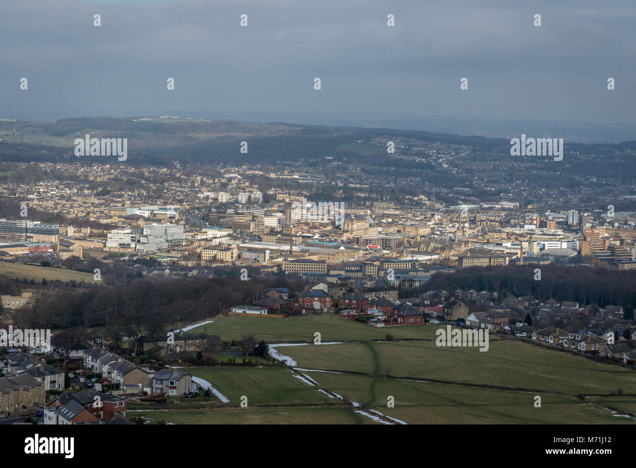 Aerial view of Huddersfield Town centre from castle Hill, Huddersfield ...